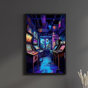Cyberpunk Retro Arcade Print, Cyber Punk Wall Art Arcade Room Poster ...