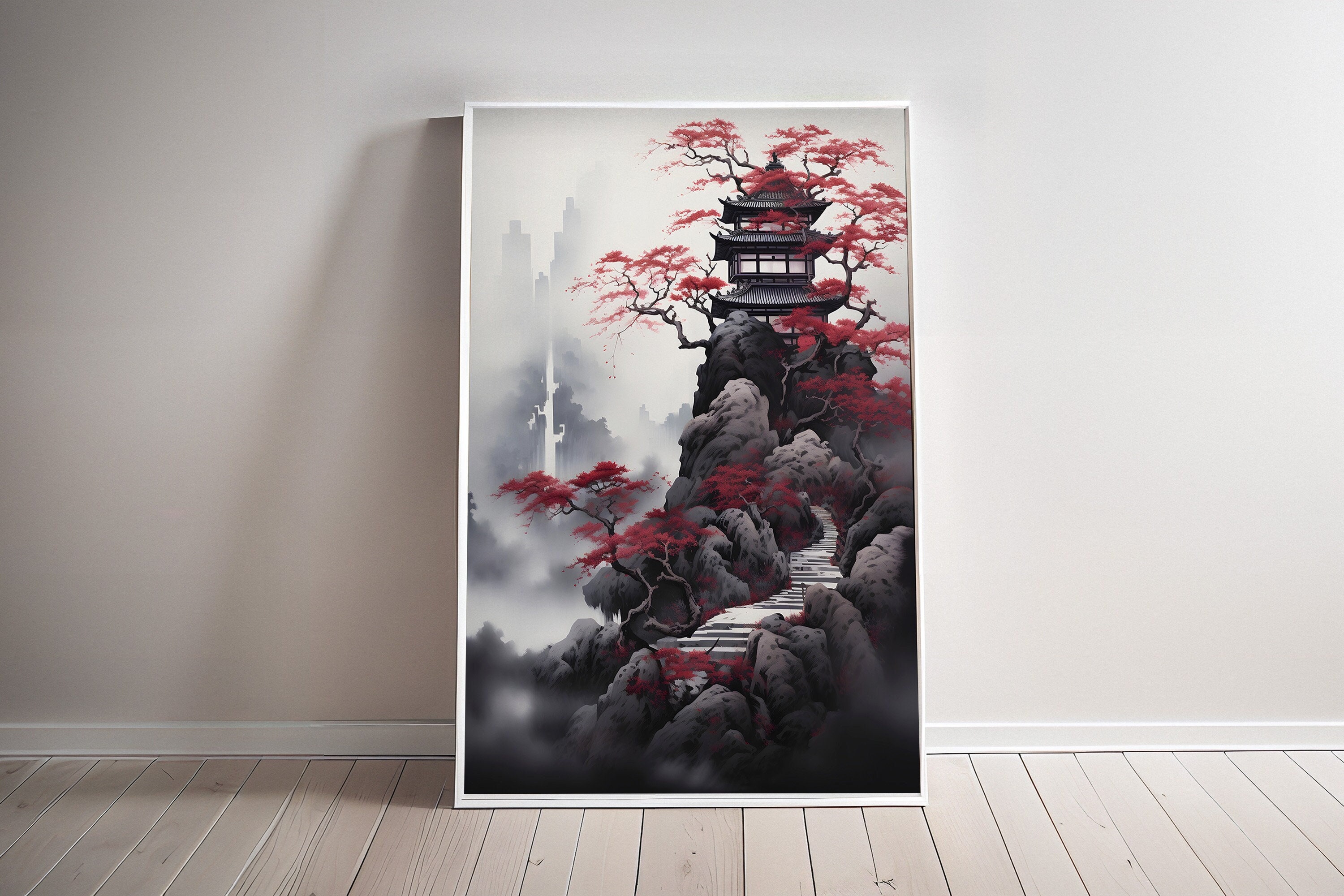 Traditional Japanese Temple Poster Day Eastern Art Print Feudal Japan ...
