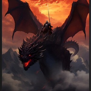 Black Dragon Rider Print Gift for Him Decor Fantasy Painting Mythical ...