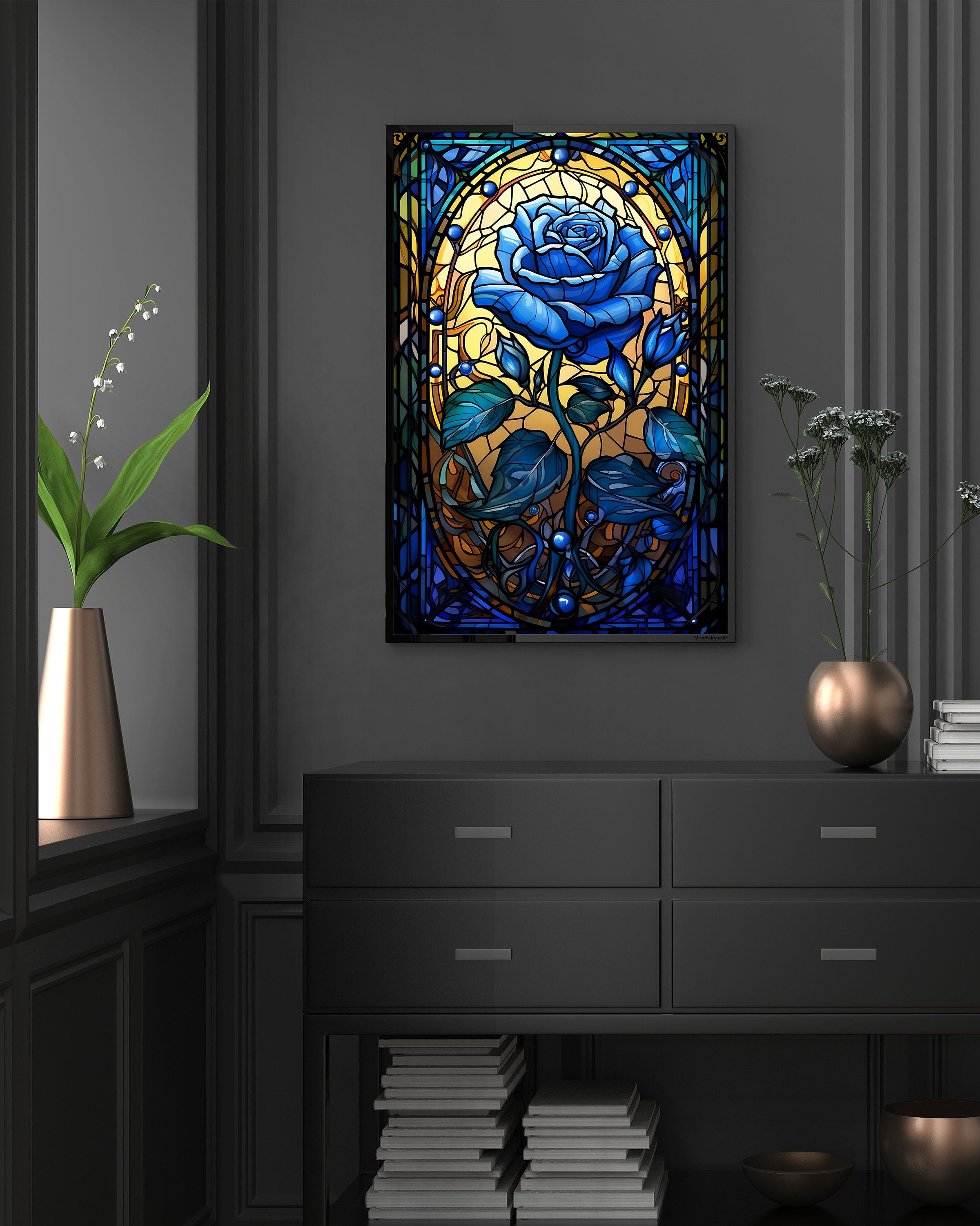 Stained Glass Rose Print Vitro Wall Art Gold Blue Poster Floral Decor ...