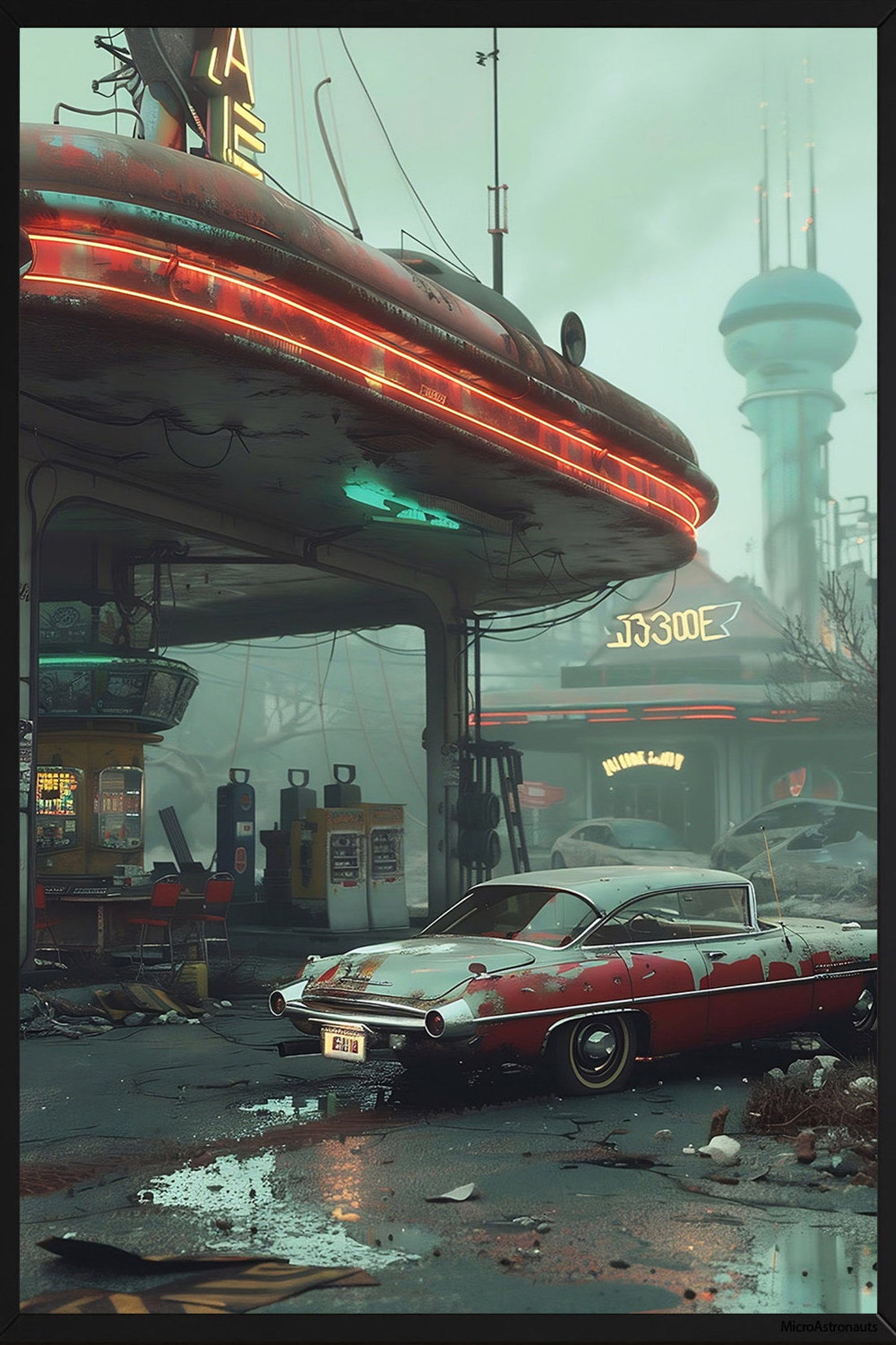 Retro Post Apocalyptic Print Vintage 50's Car Wall Art Fallout Town ...