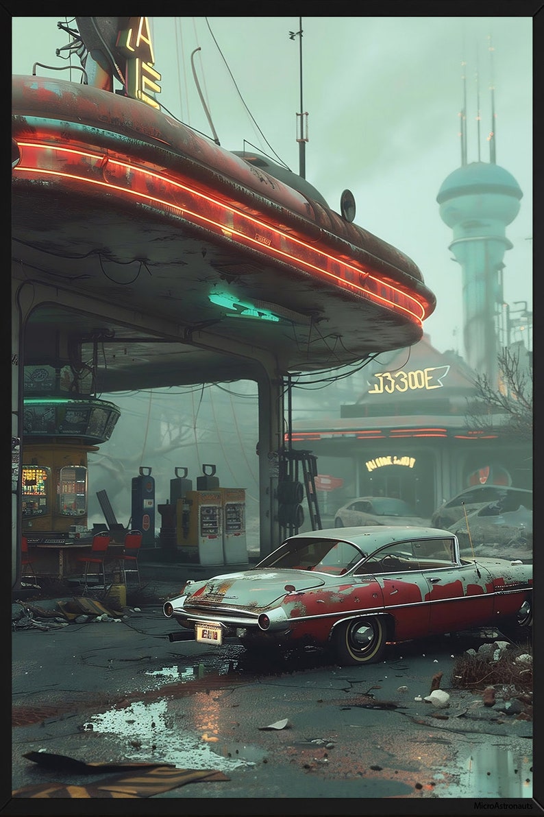 Retro Post Apocalyptic Print Vintage 50's Car Wall Art Fallout Town ...