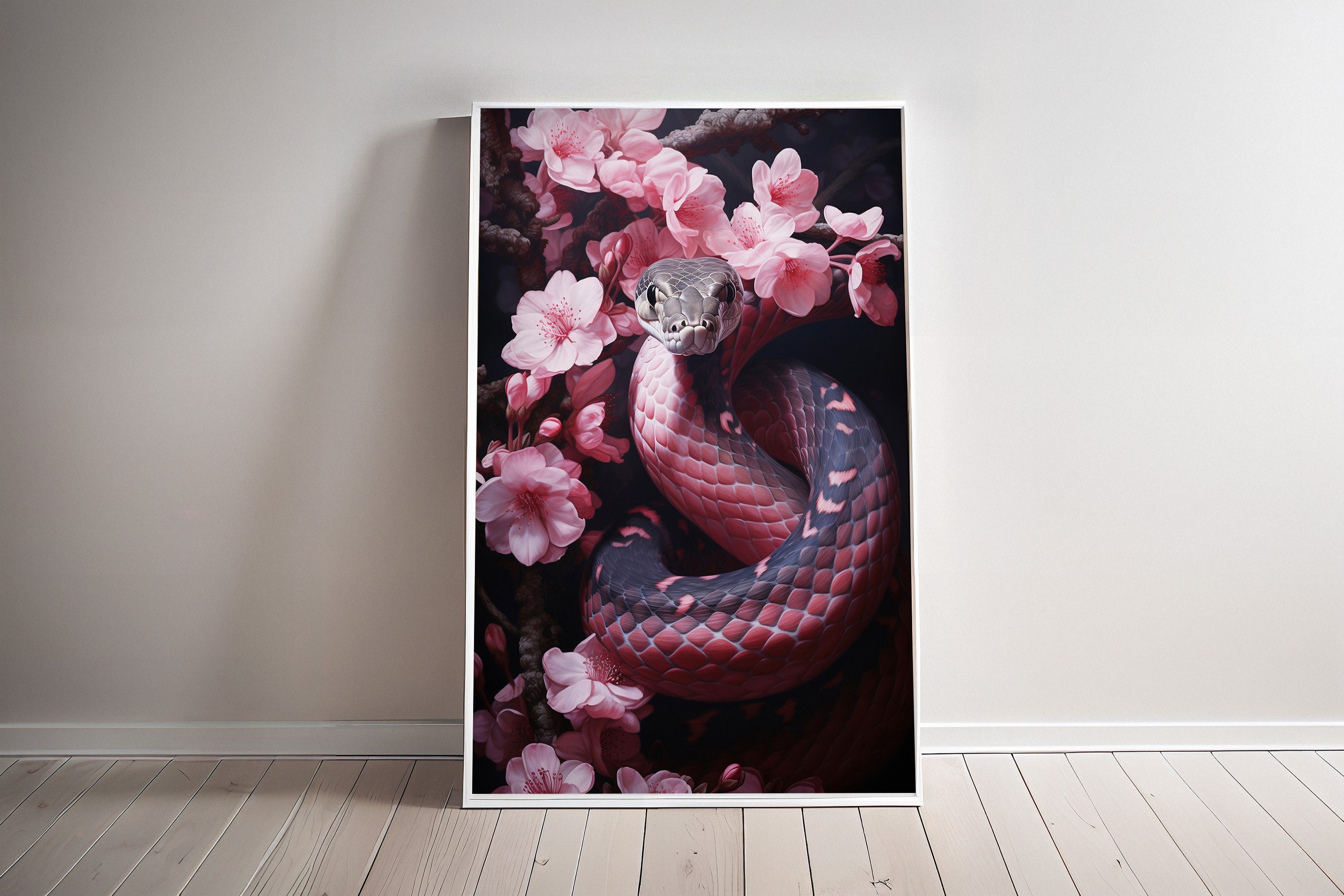 Snake Pink Flowers Poster Snake Coiled Print Snake Cherry Flowers Art ...