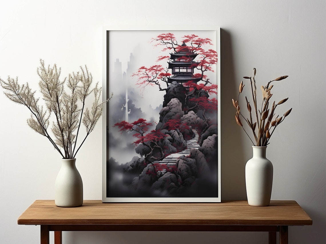 Traditional Japanese Temple Poster Day Eastern Art Print Feudal Japan ...
