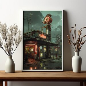 Retro Futuristic Outpost Print Vintage 50s Car Wall Art Fallout Town ...