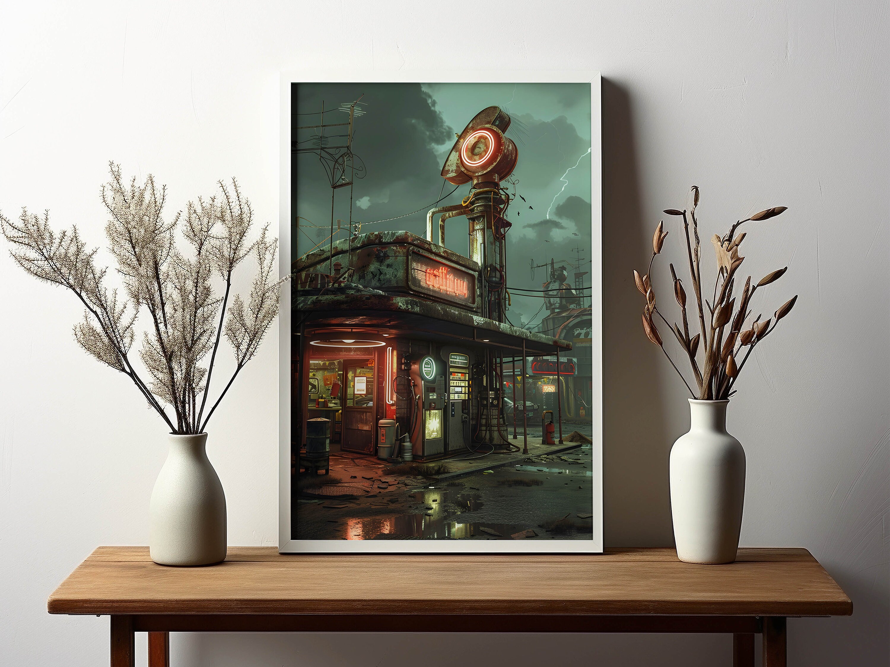 Retro Futuristic Outpost Print Vintage 50s Car Wall Art Fallout Town ...