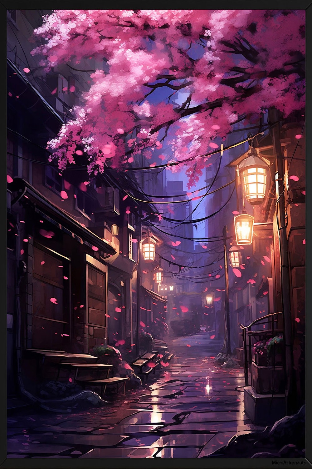 Anime Style Alley Print Japanese Town Poster Rural Japan Sakura Tree ...