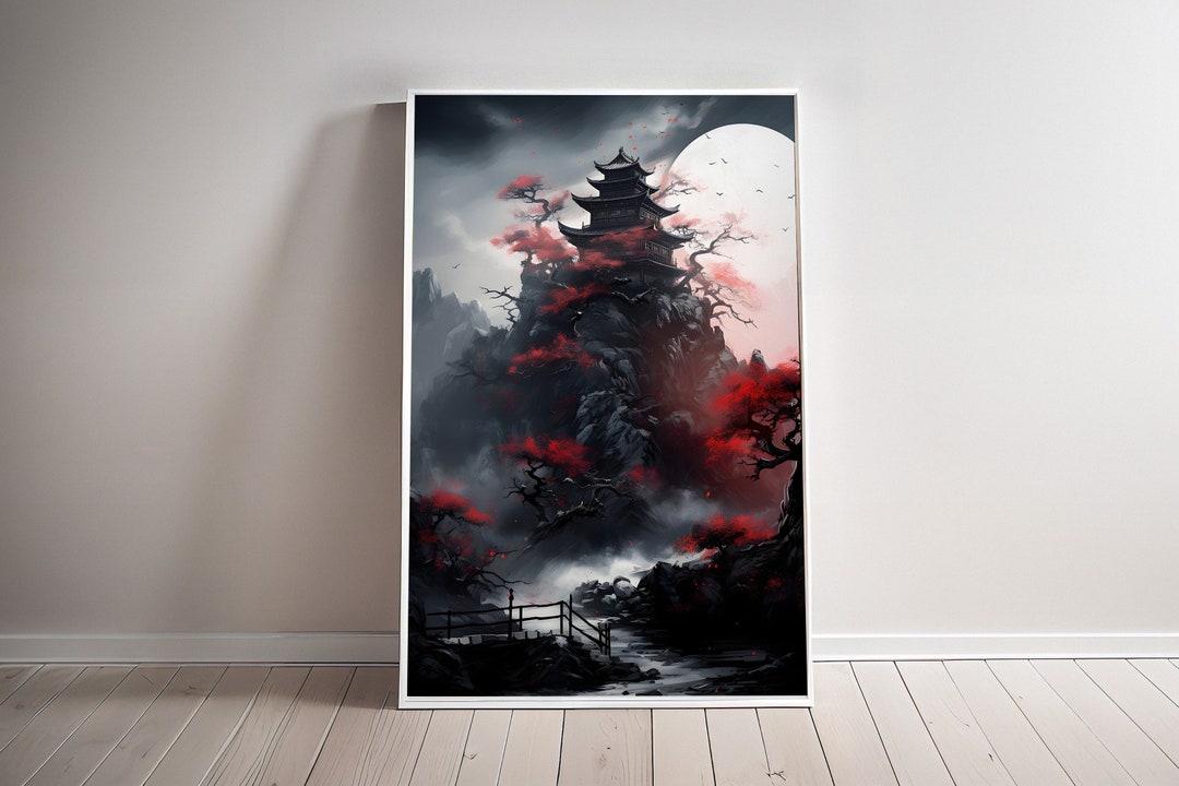 Traditional Japanese Temple Poster Night Eastern Art Print Feudal Japan ...