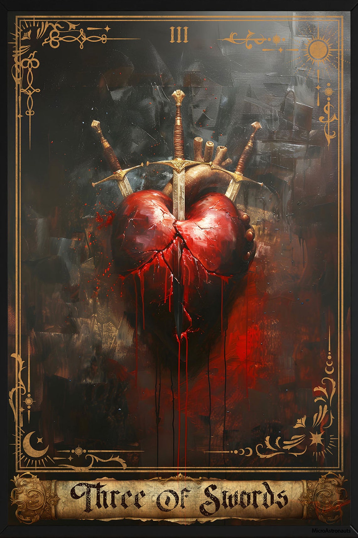 Three of Swords Print Tarot Card Art Poster Suit of Swords Canvas ...