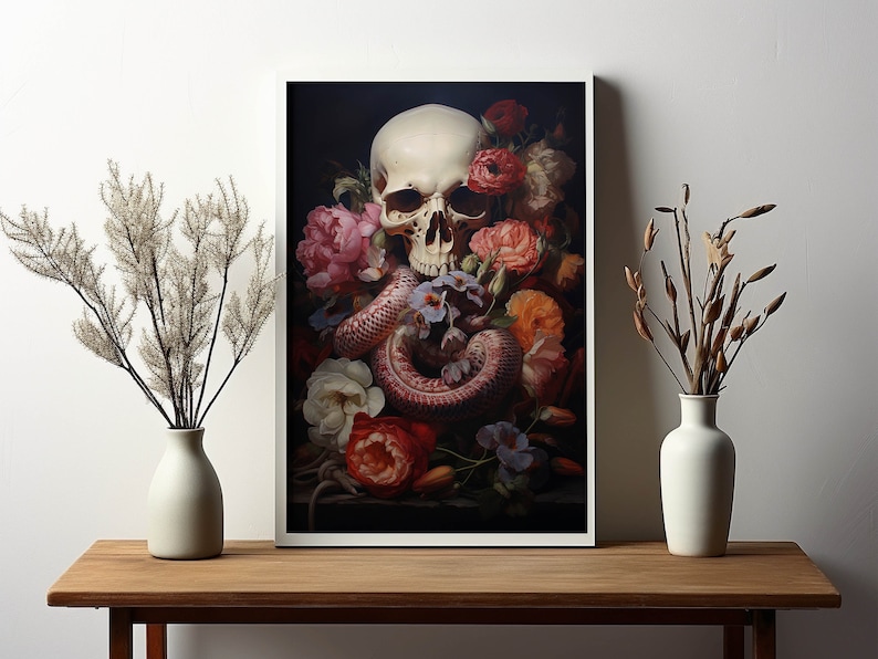 Snake Skull Flowers Poster 2 Snake Coiled Print Python Rose Flowers Art ...