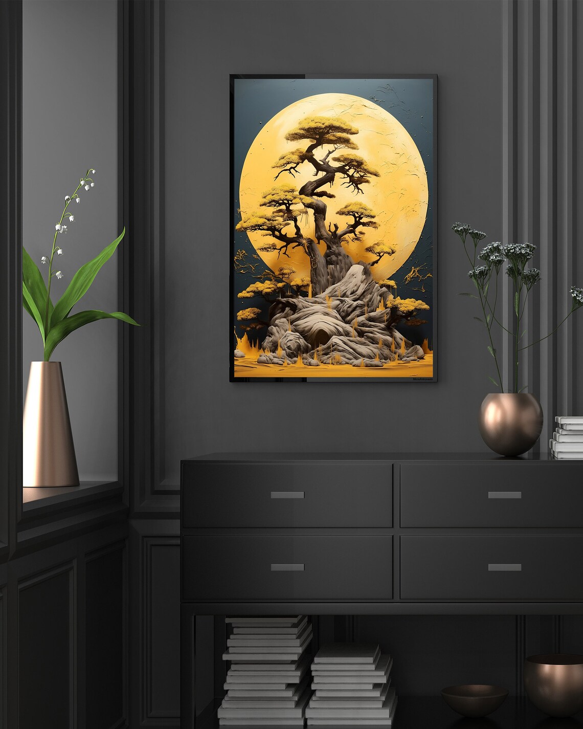 Stylized Bonsai Moon Print Japanese Midnight Poster Fall Wall Art ...