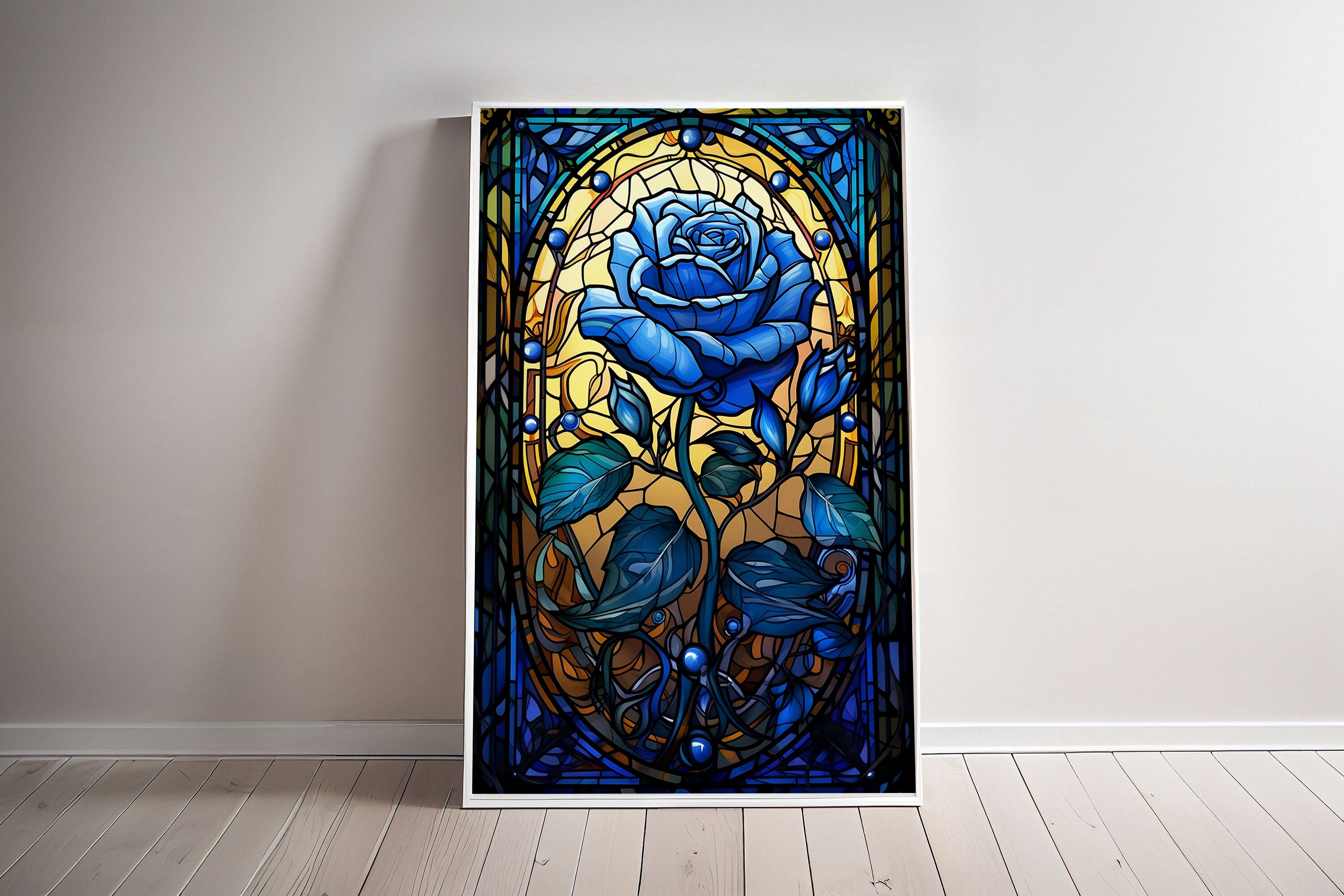 Stained Glass Rose Print Vitro Wall Art Gold Blue Poster Floral Decor ...