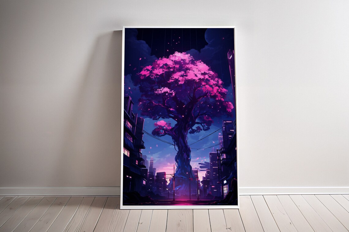 Cyberpunk Tree of Life Print, Cyber Punk Wall Art Cherry Blossom Poster ...