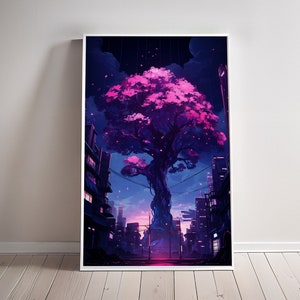 Cyberpunk Tree of Life Print, Cyber Punk Wall Art Cherry Blossom Poster ...