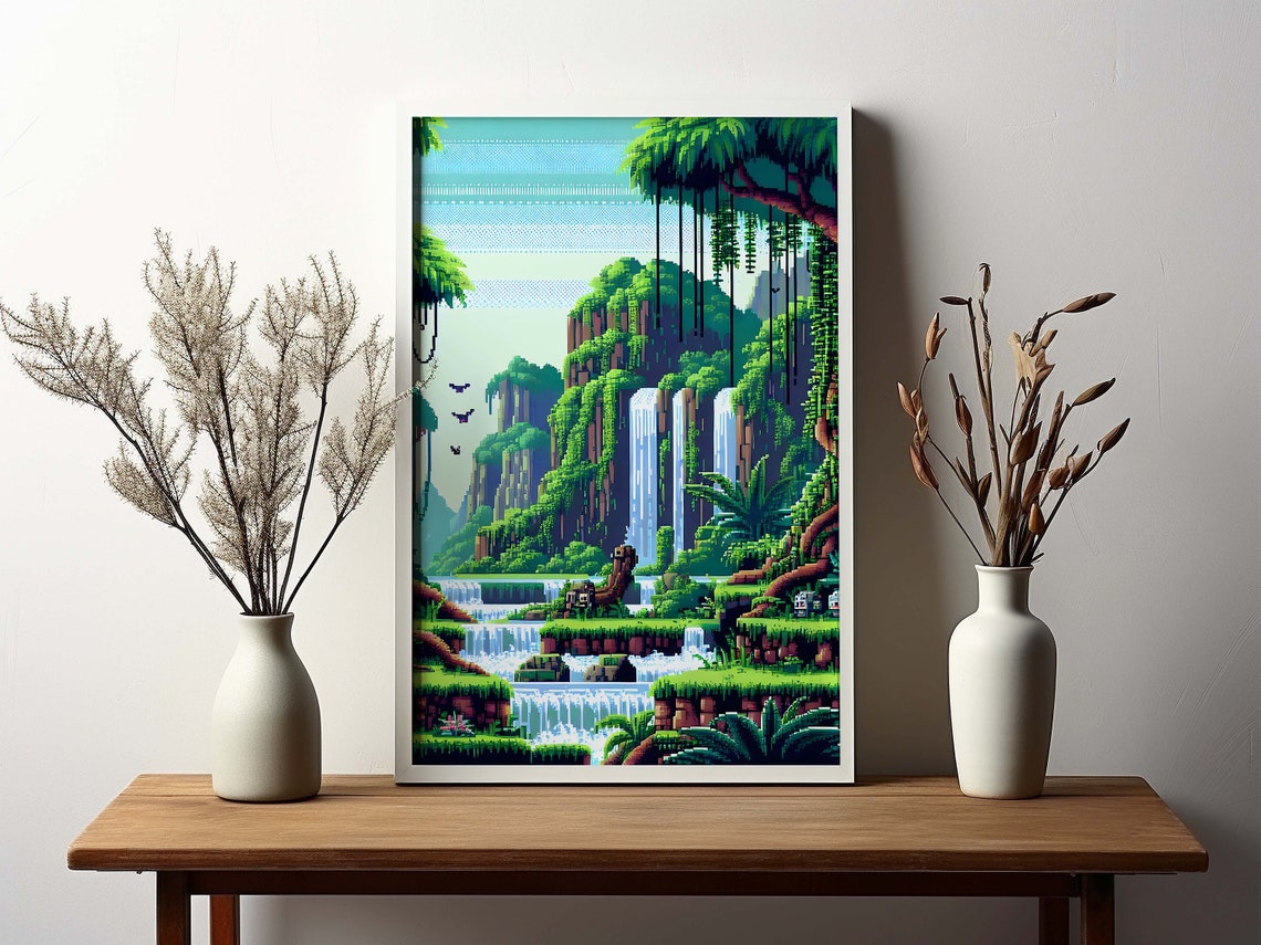 Retro Jungle 8bit Print, Cyber Punk Wall Art Arcade Room Poster Comic ...