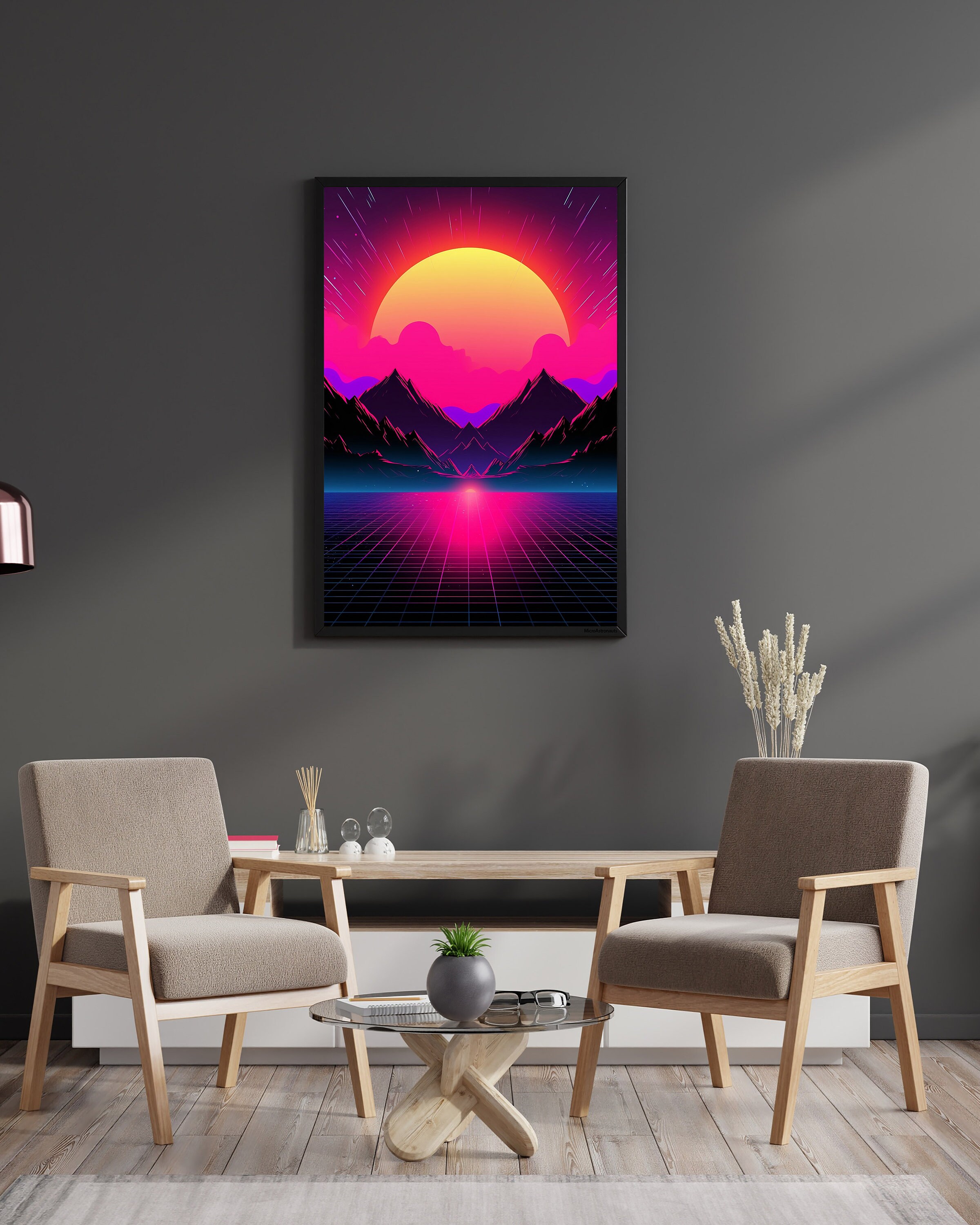 Synthwave Sunset Print Retrowave Wall Art Landscape Neon Poster 80's ...