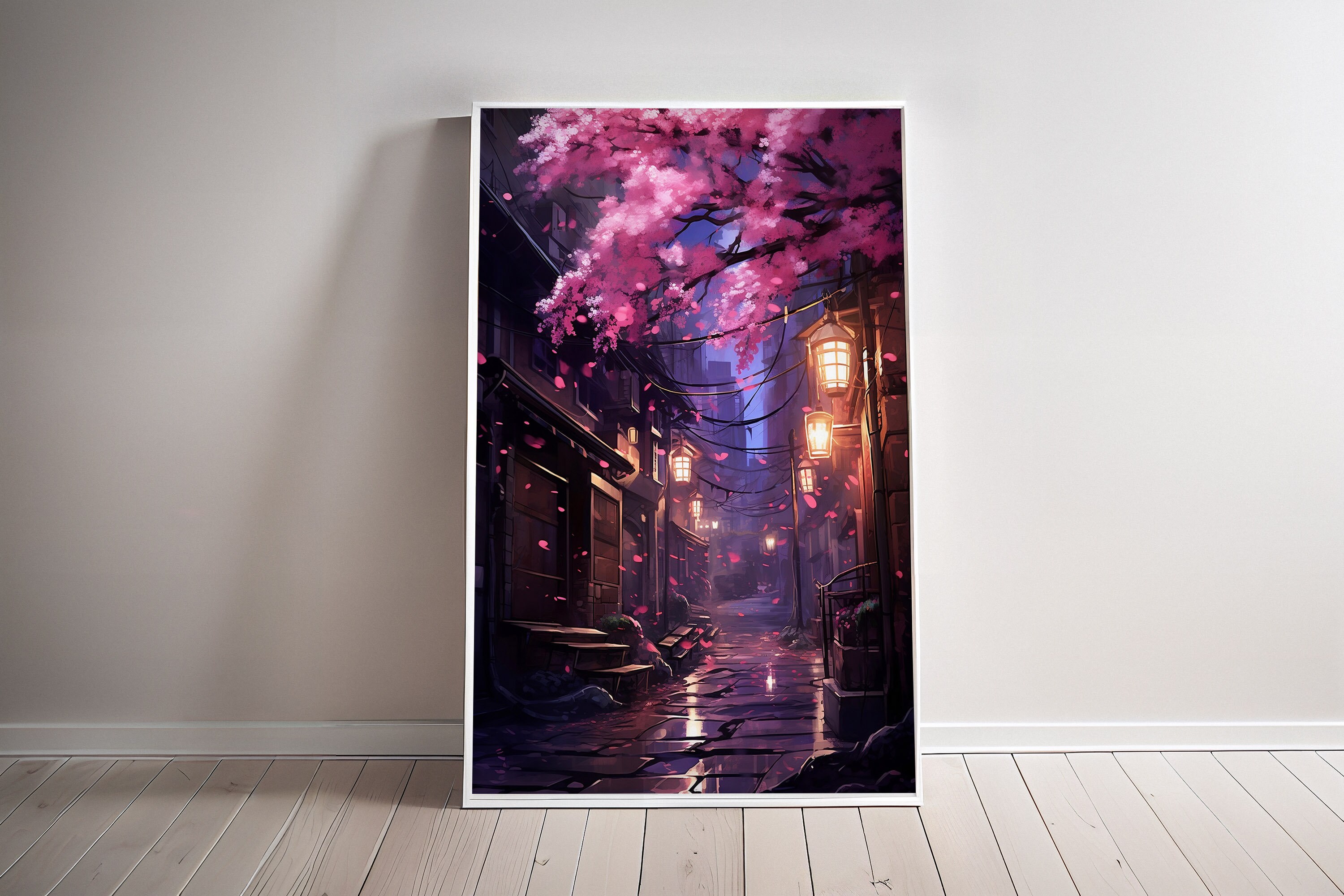 Anime Style Alley Print Japanese Town Poster Rural Japan Sakura Tree ...