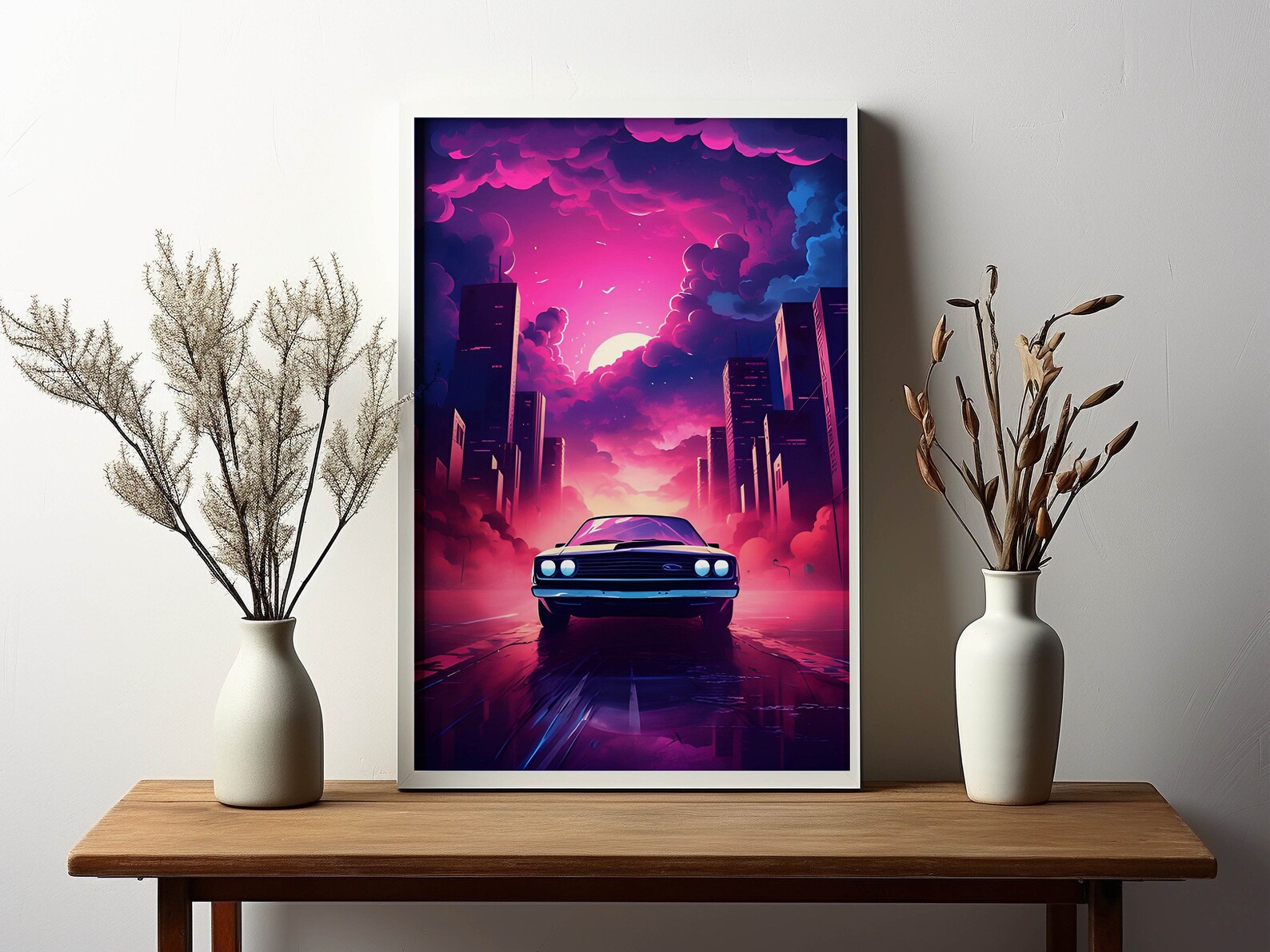 Synthwave Retro Car Print Retrowave Wall Art Cityscape Neon Poster 80's ...