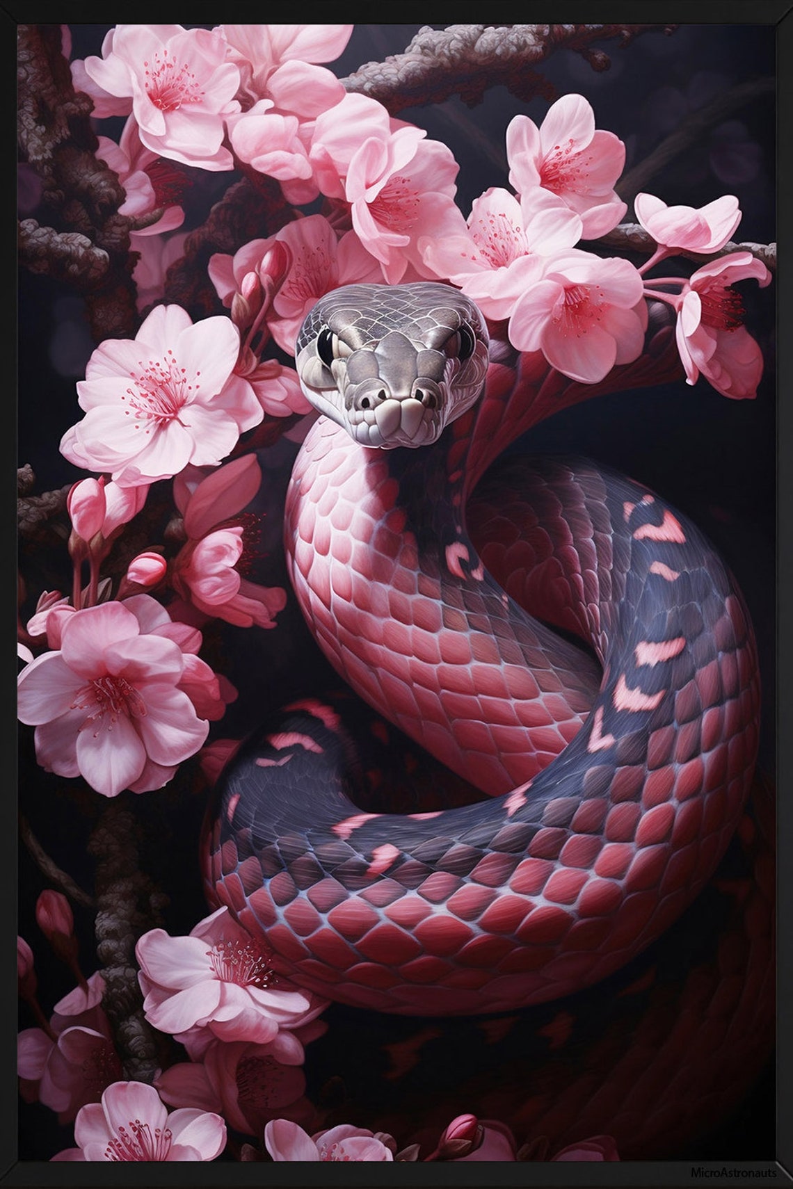 Snake Pink Flowers Poster Snake Coiled Print Snake Cherry Flowers Art ...