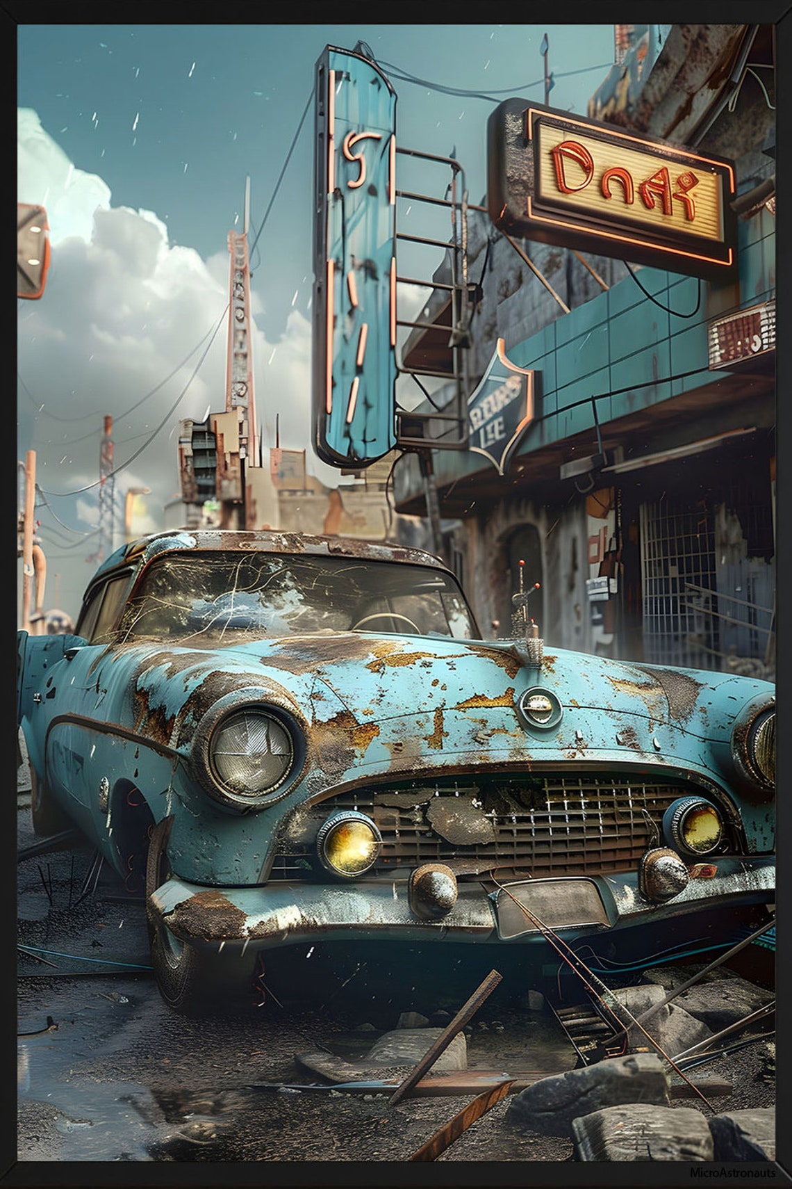 Retro Futuristic Car Print Vintage 50s Car Wall Art Fallout Town Post ...