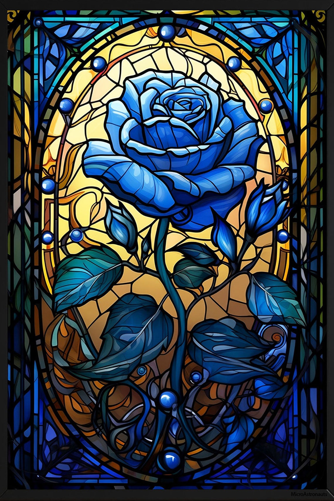 Stained Glass Rose Print Vitro Wall Art Gold Blue Poster Floral Decor ...