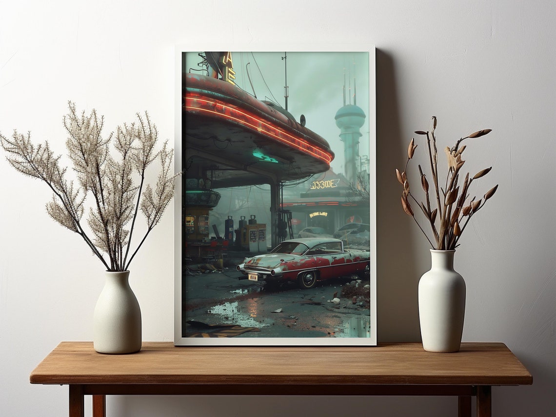 Retro Post Apocalyptic Print Vintage 50's Car Wall Art Fallout Town ...