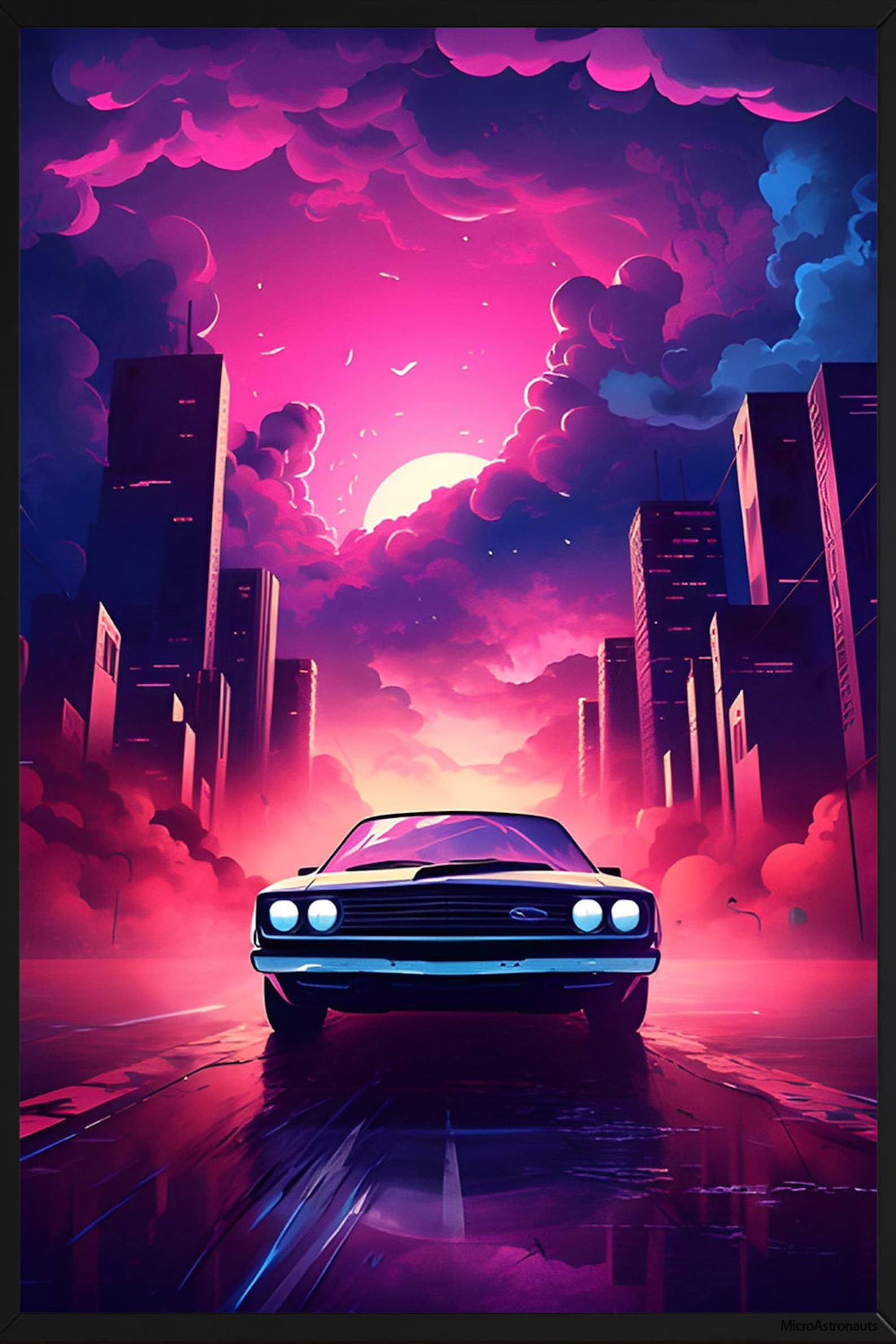Synthwave Retro Car Print Retrowave Wall Art Cityscape Neon Poster 80's ...