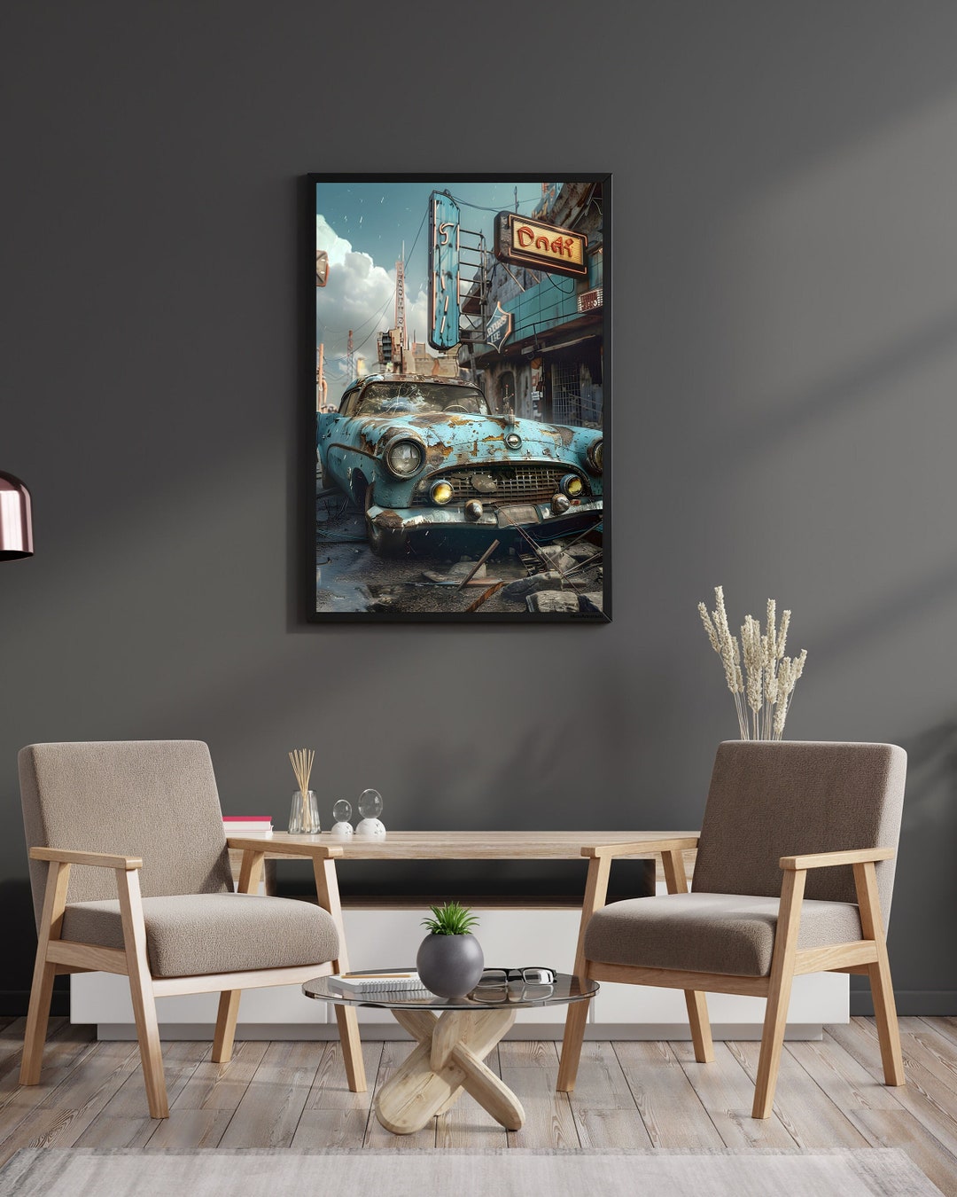 Retro Futuristic Car Print Vintage 50s Car Wall Art Fallout Town Post ...