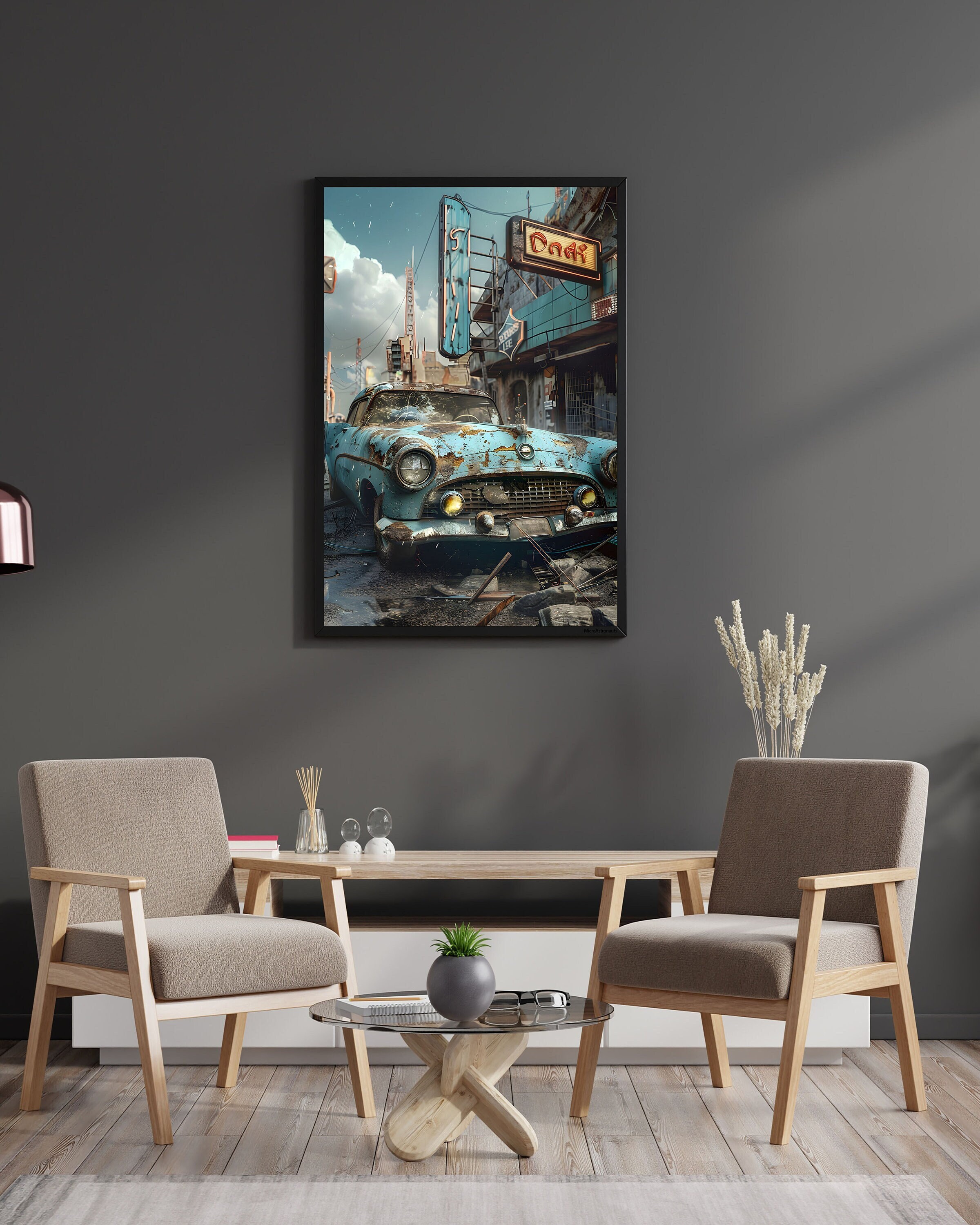 Retro Futuristic Car Print Vintage 50s Car Wall Art Fallout Town Post ...