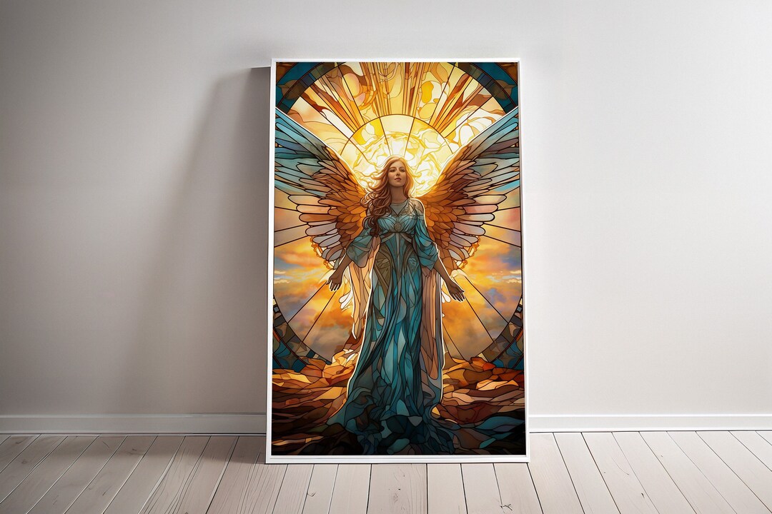 Stained Glass Angel Print Vitro Wall Art Golden Poster Floral Decor ...