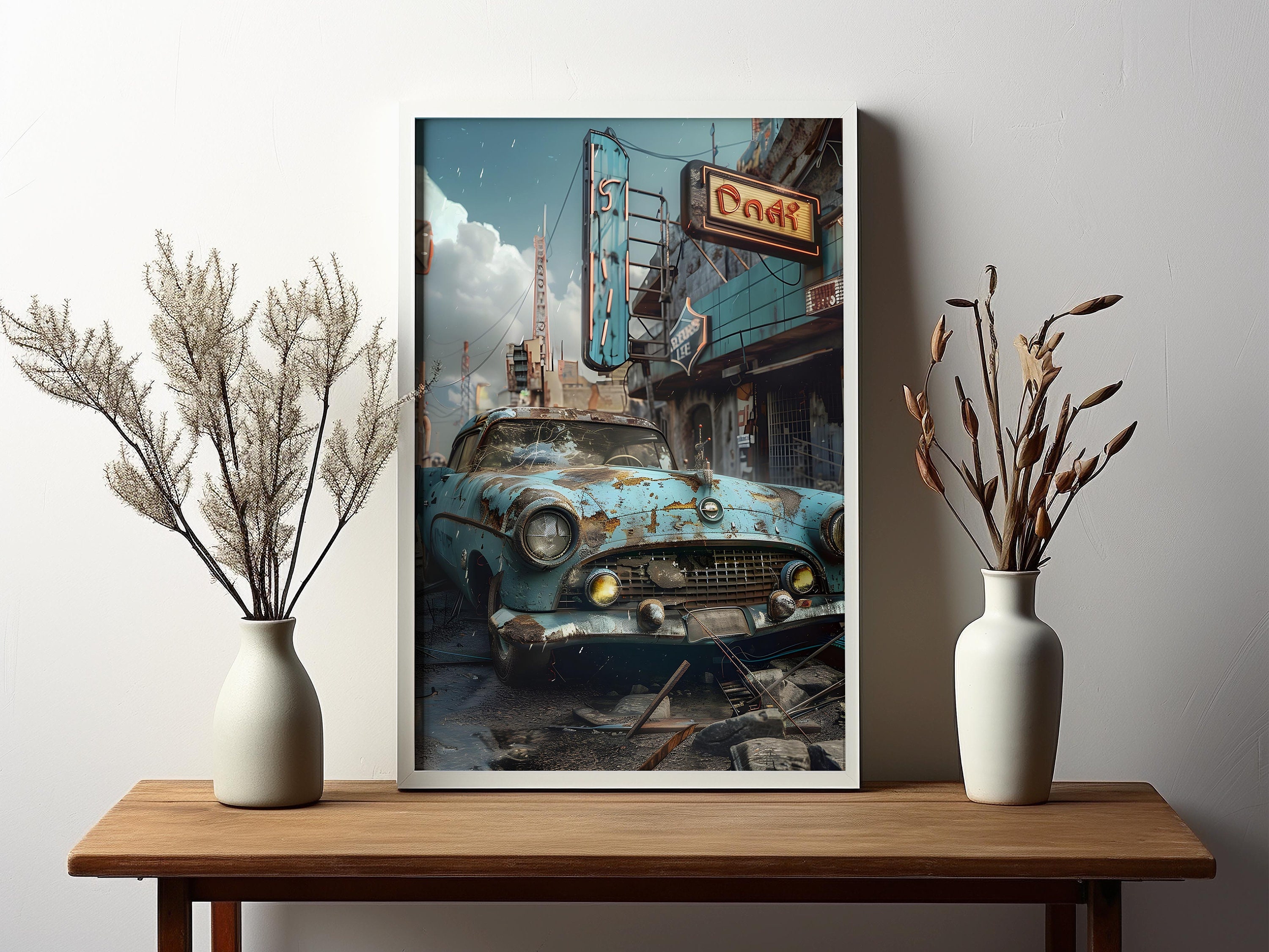 Retro Futuristic Car Print Vintage 50s Car Wall Art Fallout Town Post ...