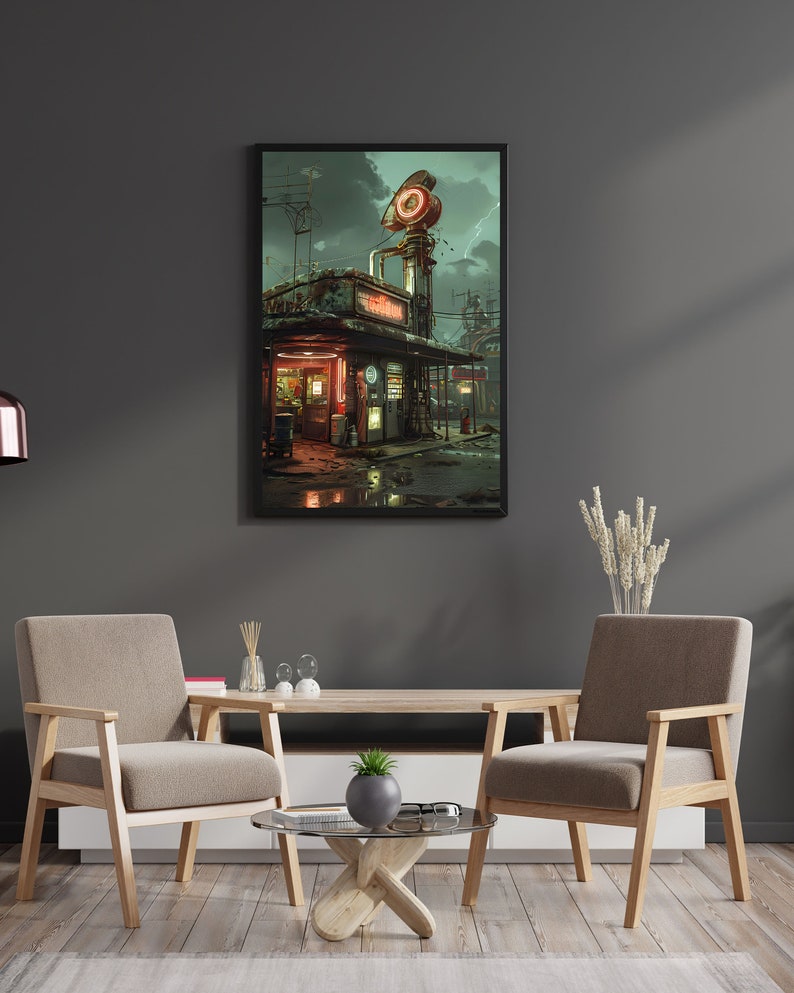 Retro Futuristic Outpost Print Vintage 50s Car Wall Art Fallout Town ...