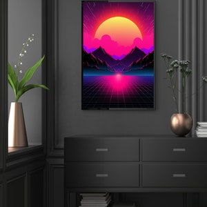 Synthwave Sunset Print Retrowave Wall Art Landscape Neon Poster 80's ...
