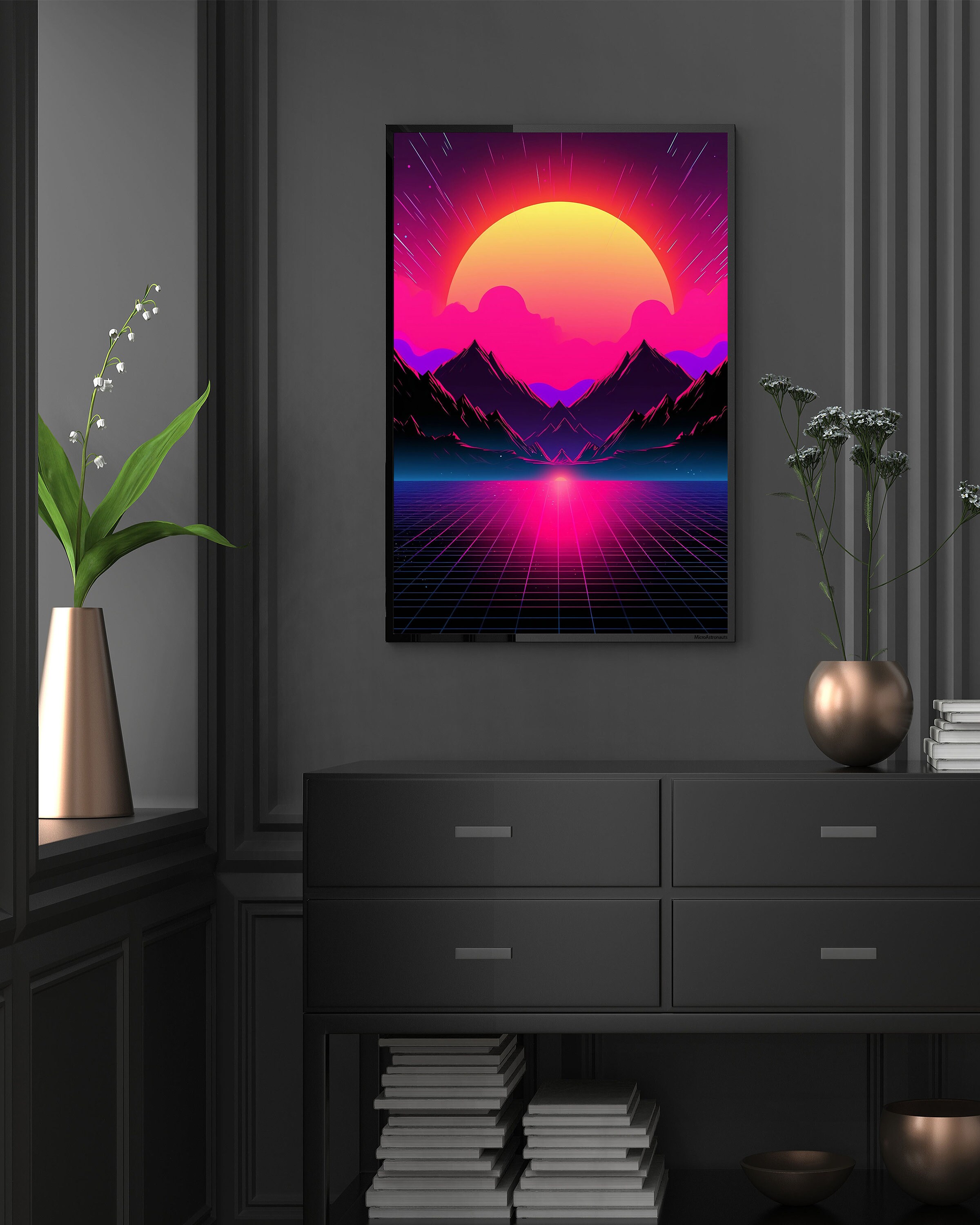 Synthwave Sunset Print Retrowave Wall Art Landscape Neon Poster 80's ...