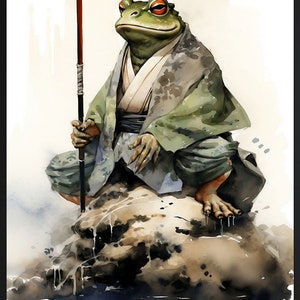 Taiko Samurai Frog Print Japanese Sumi-e Wall Art Living Room Wall Hang ...