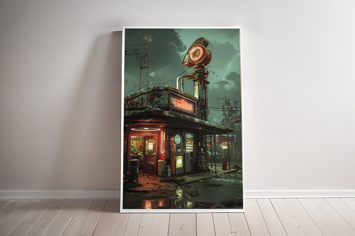 Retro Futuristic Outpost Print Vintage 50s Car Wall Art Fallout Town ...