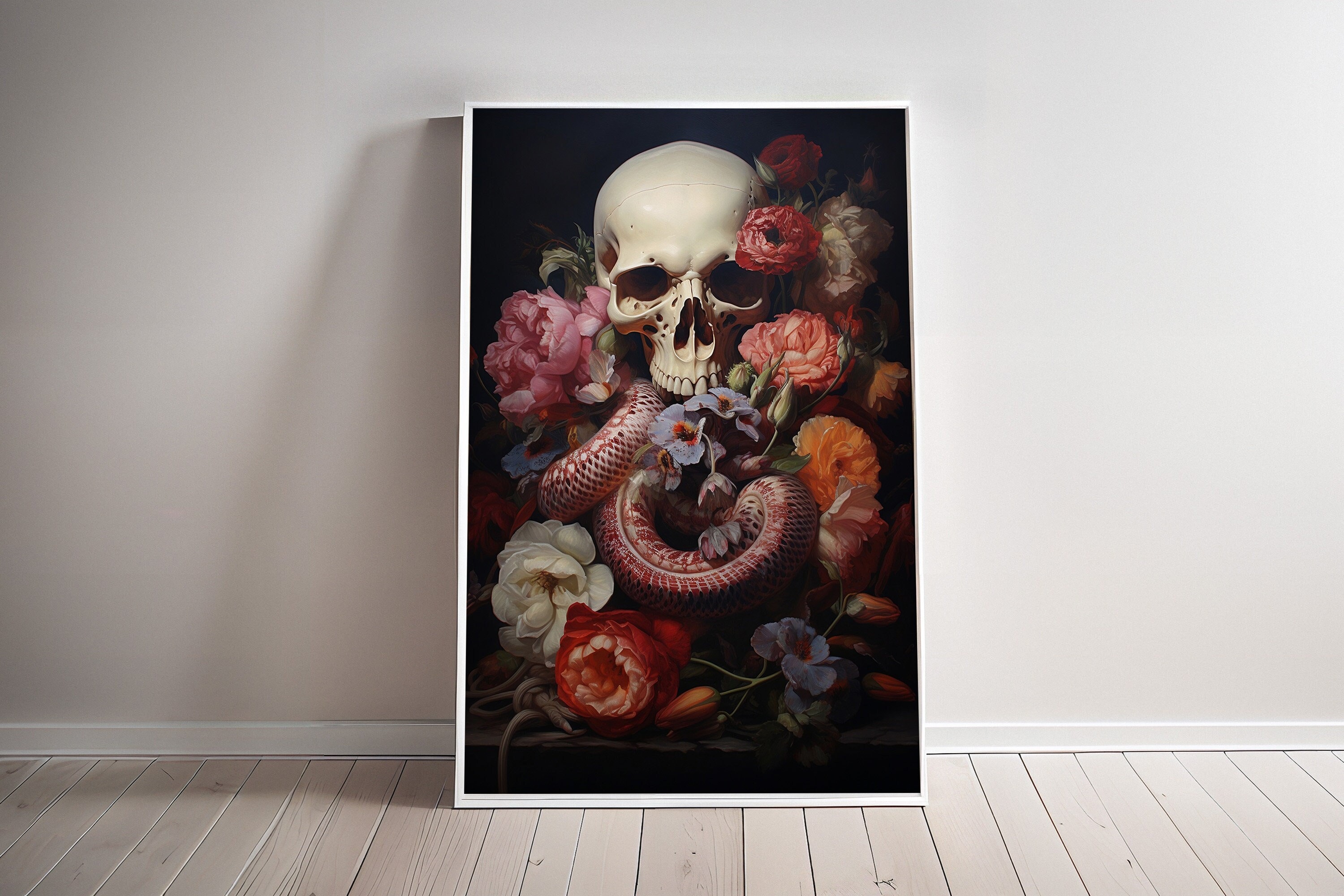 Snake Skull Flowers Poster 2 Snake Coiled Print Python Rose Flowers Art ...