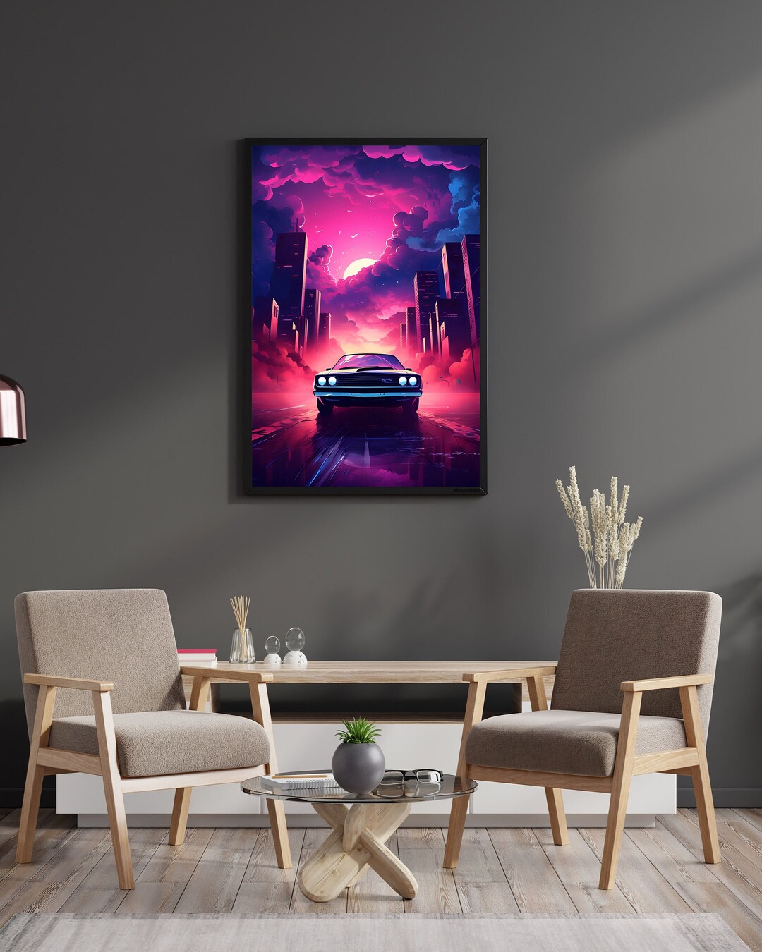 Synthwave Retro Car Print Retrowave Wall Art Cityscape Neon Poster 80's ...