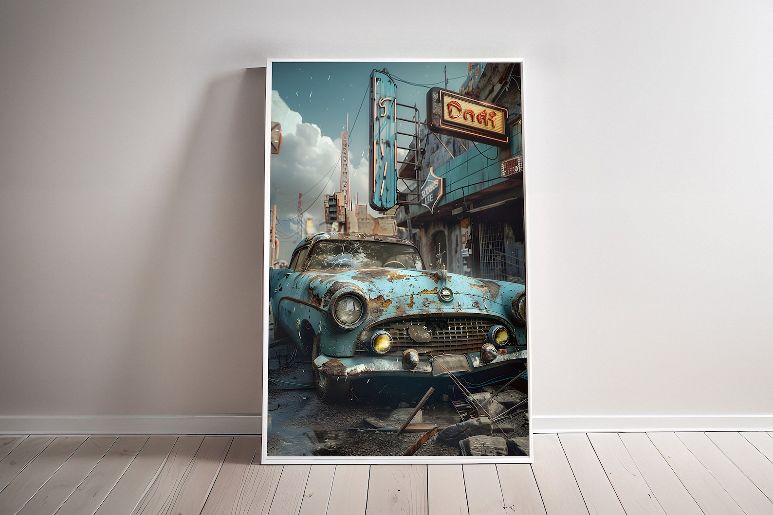 Retro Futuristic Car Print Vintage 50s Car Wall Art Fallout Town Post ...