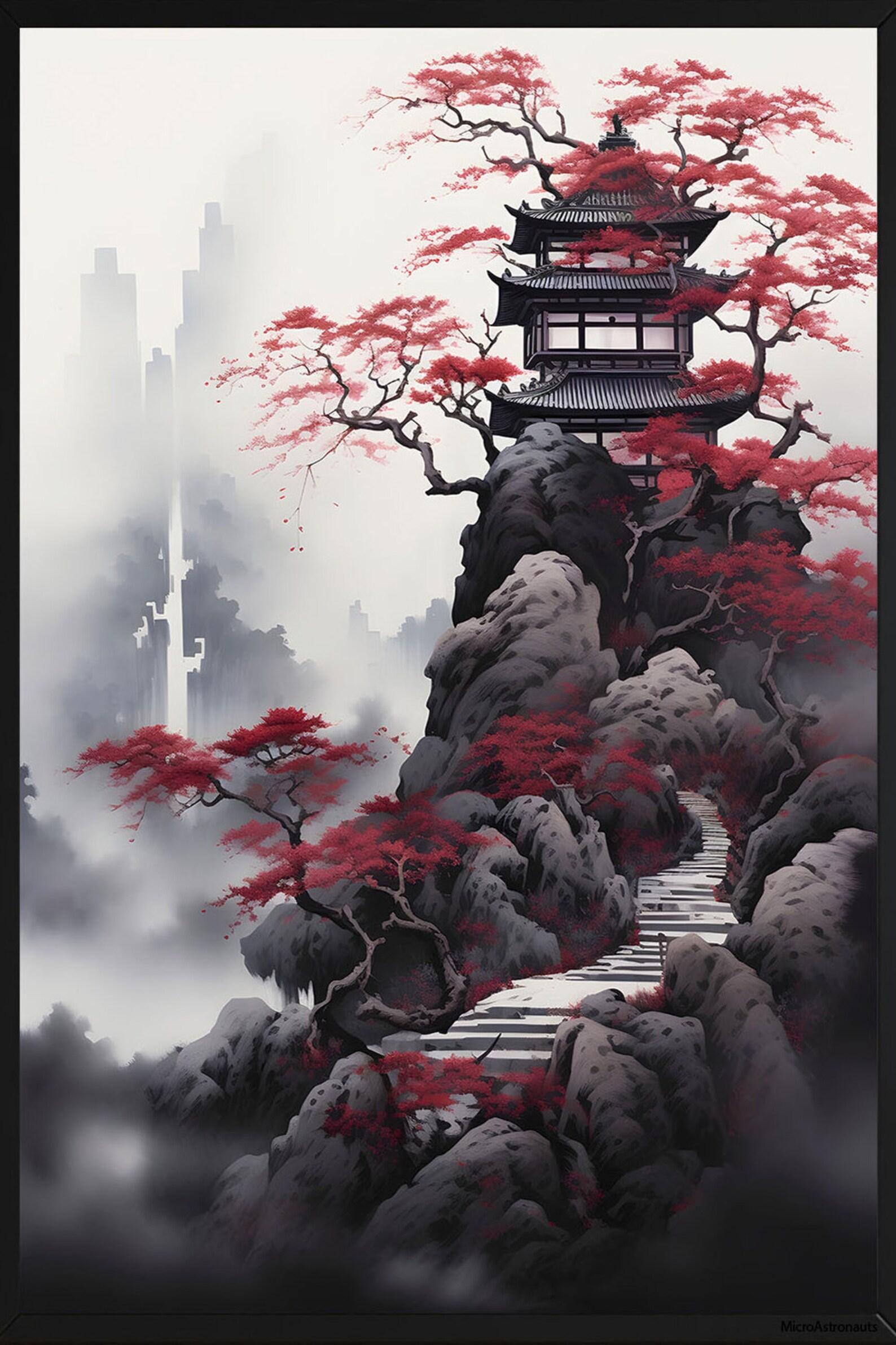 Traditional Japanese Temple Poster Day Eastern Art Print Feudal Japan ...