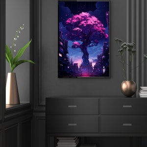 Cyberpunk Tree of Life Print, Cyber Punk Wall Art Cherry Blossom Poster ...
