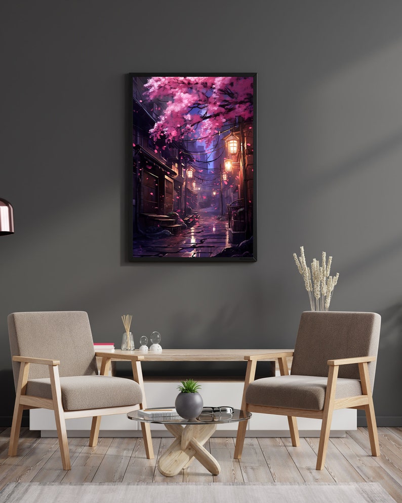 Anime Style Alley Print Japanese Town Poster Rural Japan Sakura Tree ...