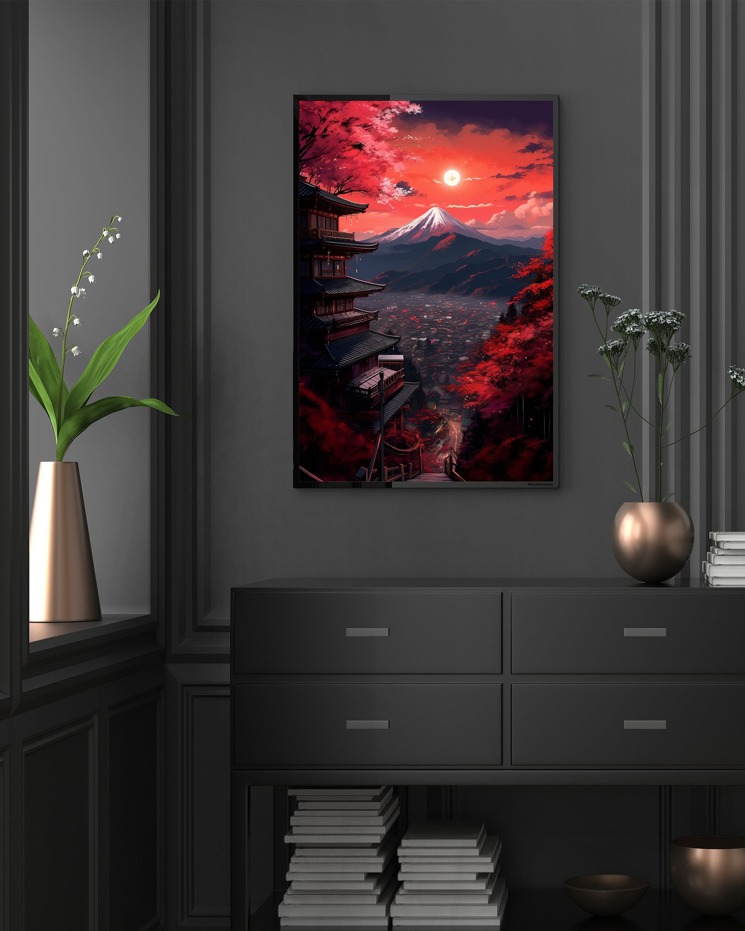 Traditional Japanese Town Print Landscape Under Red Sun Poster Sunset ...