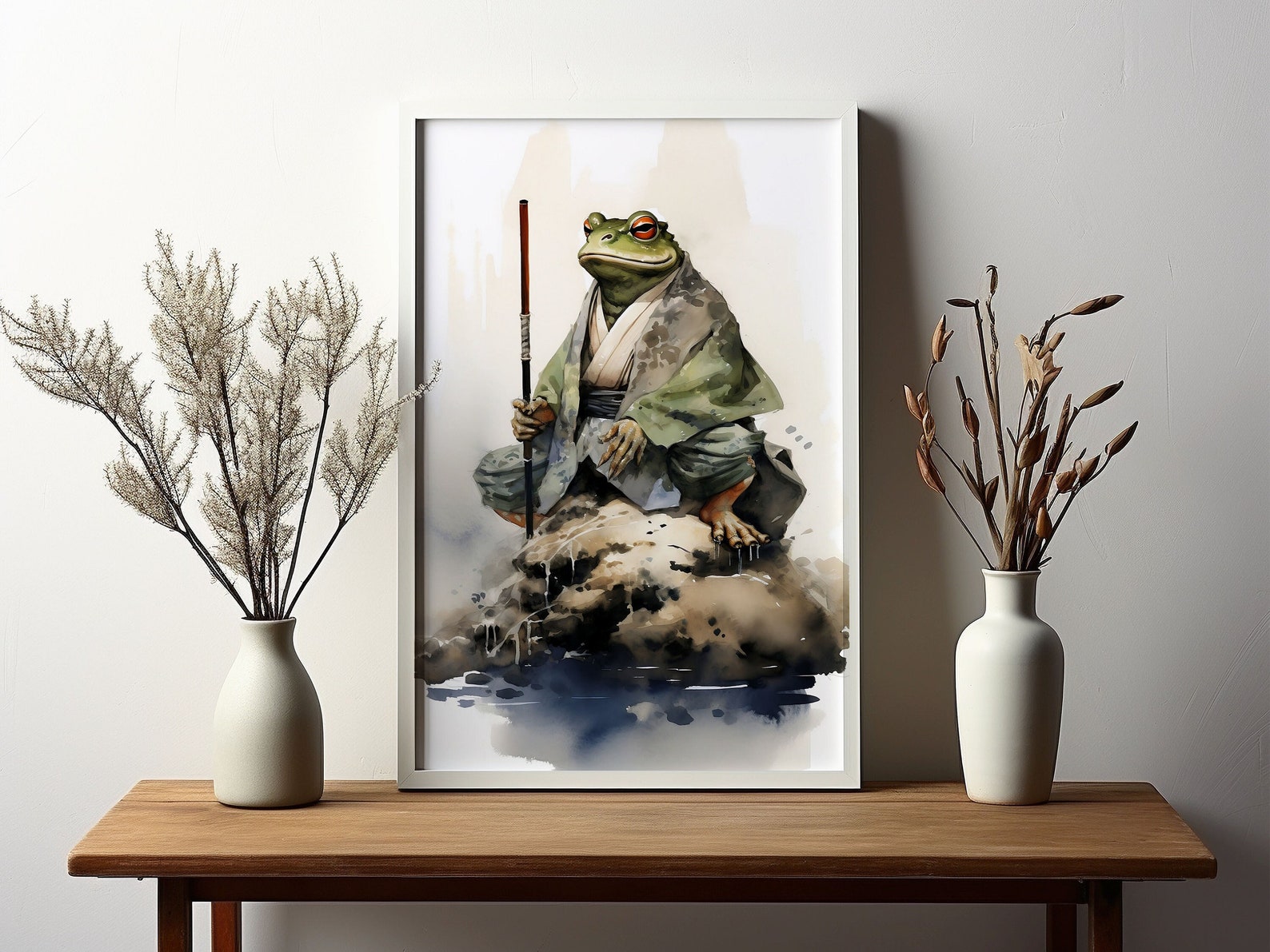 Taiko Samurai Frog Print Japanese Sumi-e Wall Art Living Room Wall Hang ...