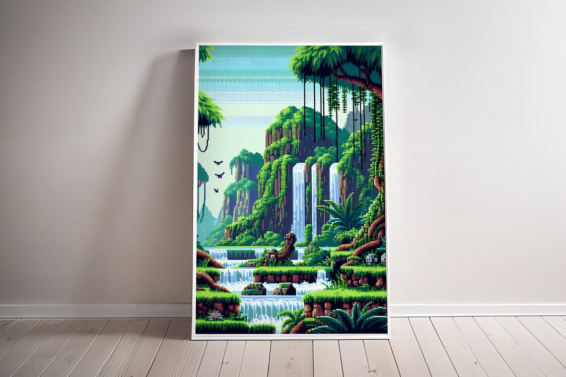 Retro Jungle 8bit Print, Cyber Punk Wall Art Arcade Room Poster Comic ...