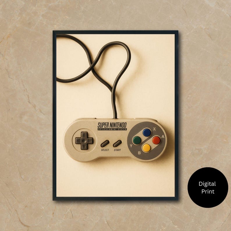 Retro Nintendo Wall Art – SNES Controller Digital Print | Vintage Gamer ...