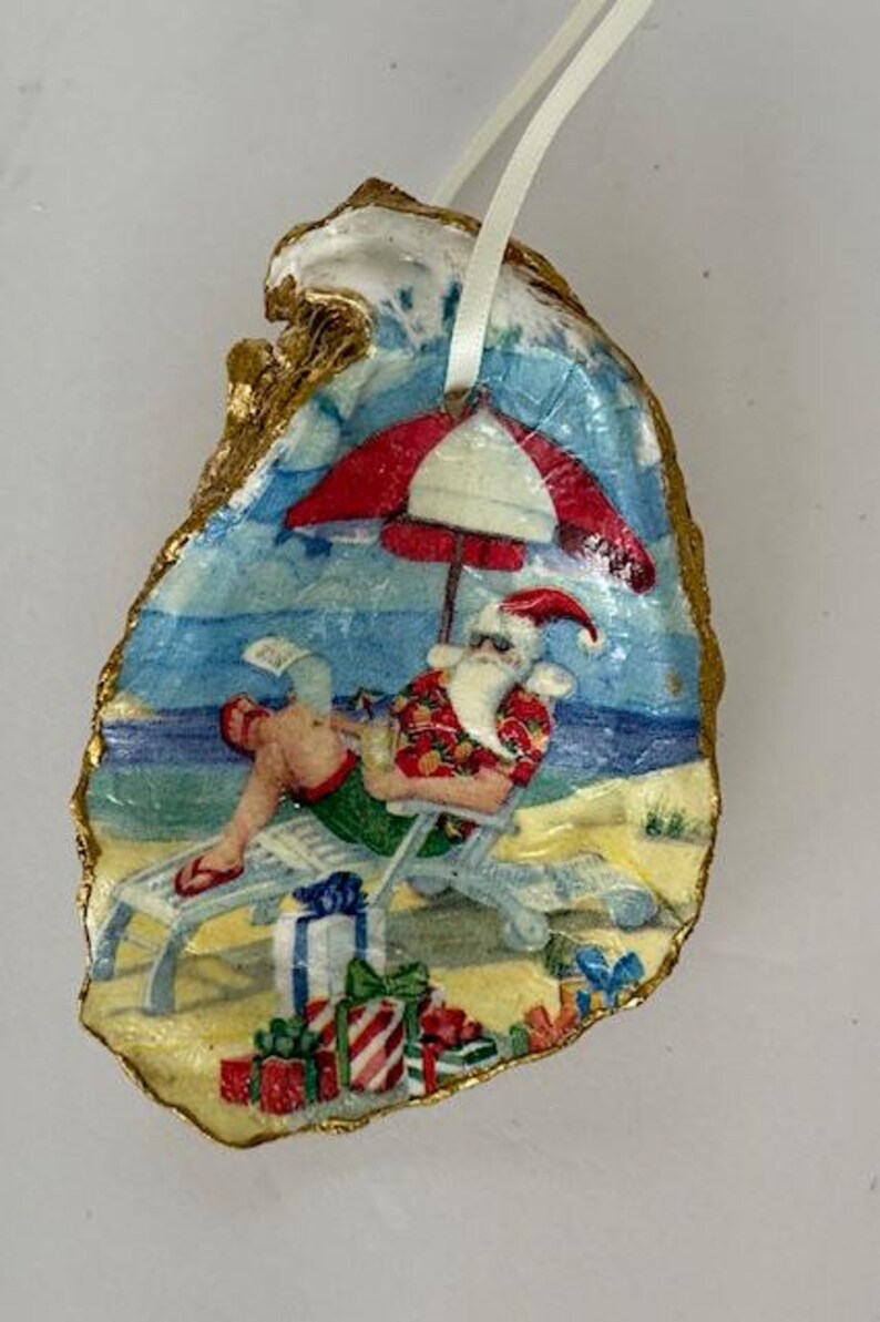 Festive Santa on the Beach Ornament Oyster Shell | Decoupaged Oyster ...