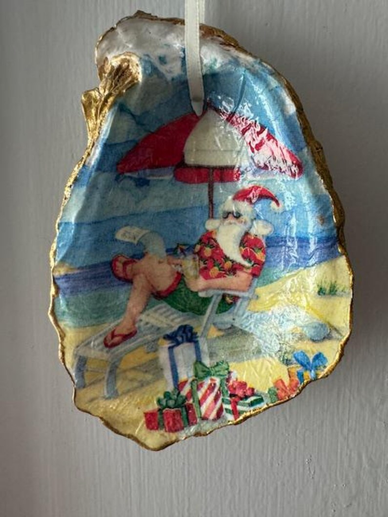 Festive Santa on the Beach Ornament Oyster Shell | Decoupaged Oyster ...