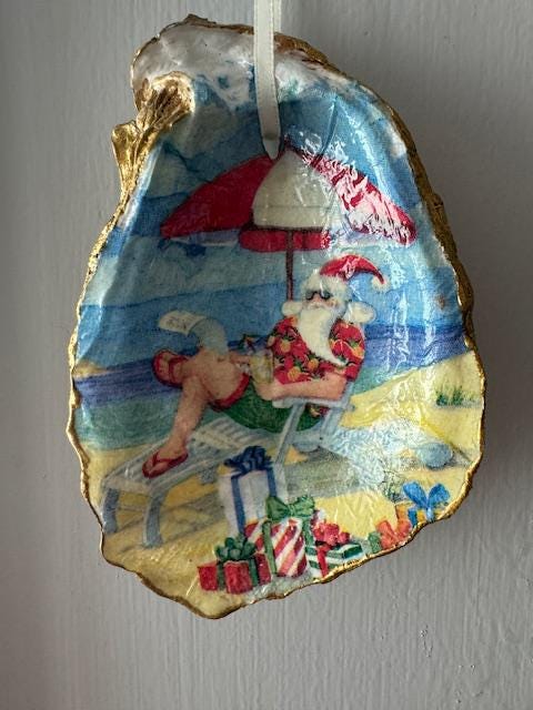 Festive Santa on the Beach Ornament Oyster Shell | Decoupaged Oyster ...