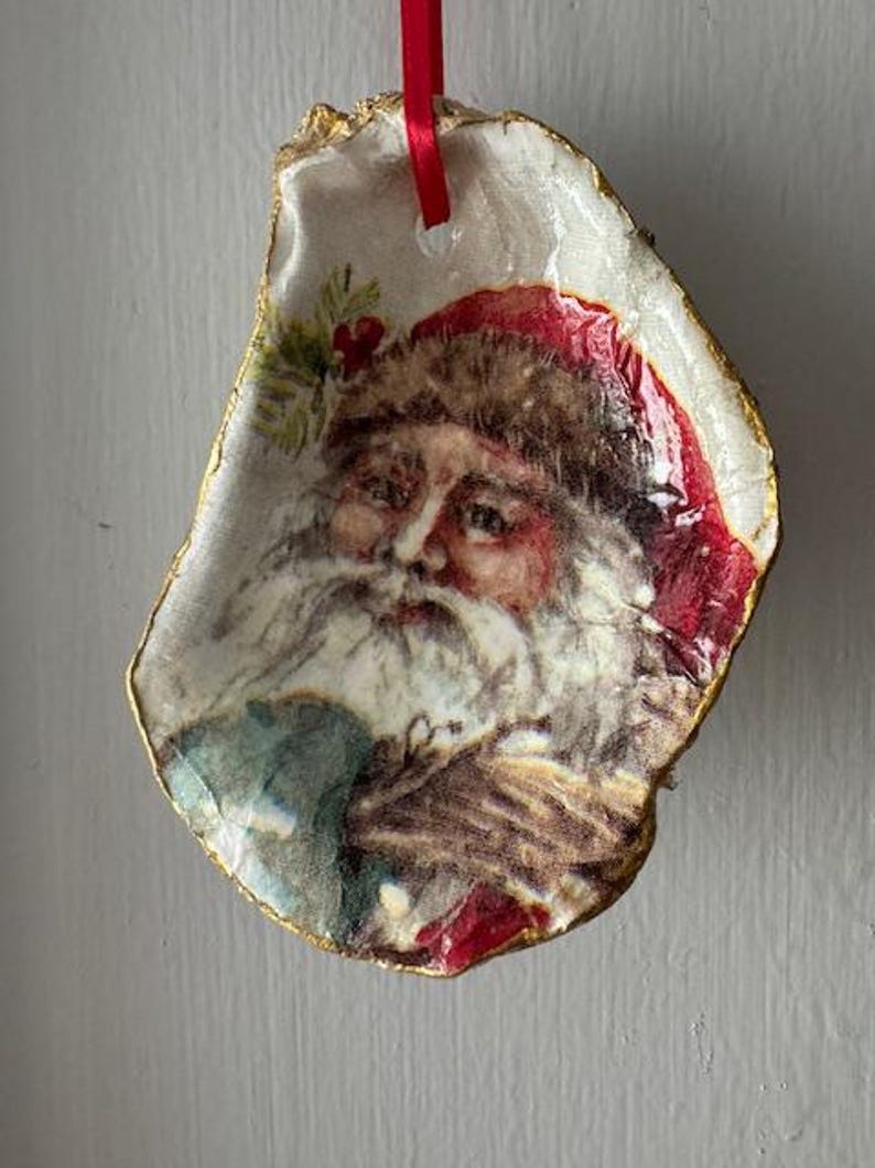 Christmas Santa Claus Ornament Oyster Shell | Decoupaged Oyster Shell ...